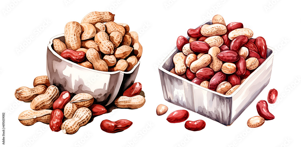 Box of peanuts, watercolor clipart illustration with isolated ...