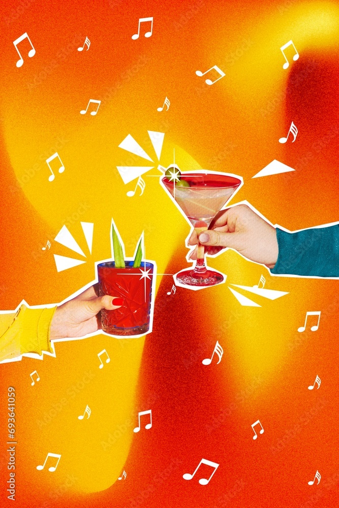 Cheers. Female hands, friends clinking classes with different cocktails ...