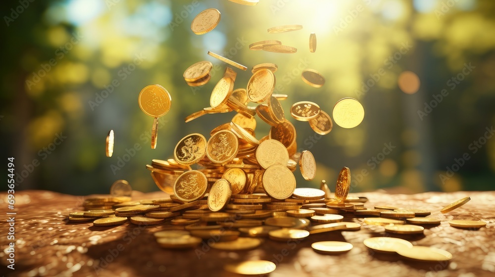 dynamic movement of falling gold coins. Speed and angles of movement of ...