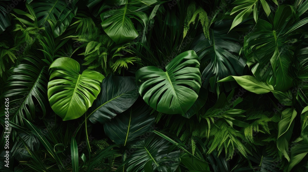 tropical palm leaves and jungle leaves naturally overlap each other to mimic the density of a ...