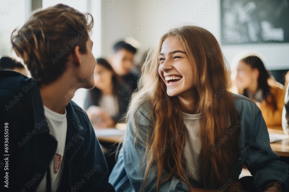 Happy diverse high school students talking in class Stock Photo | Adobe ...