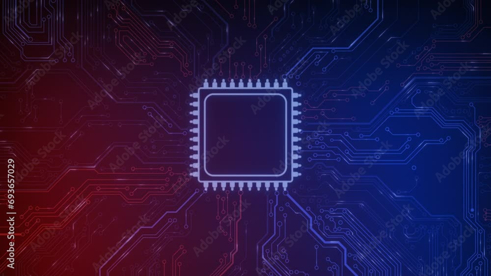 Animated circuit board. Digital technology background. Central computer processor CPU concept ...