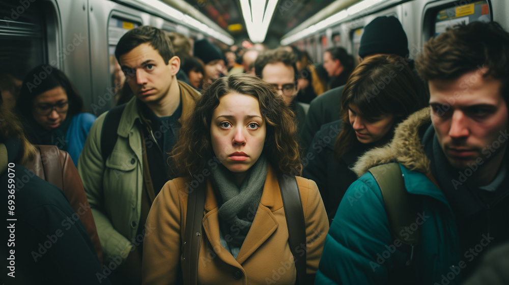 Tired people in subway train coming back from home, frustrated of ...
