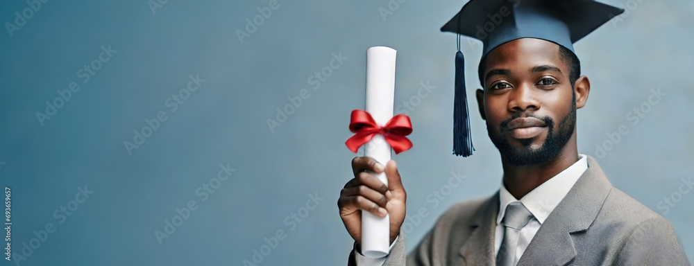 Smiling Graduate Holding Diploma with Red Ribbon. Proud and joyful, a ...