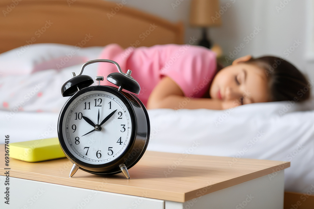 Selective focus on black alarm clock on bedside nightstand with a ...