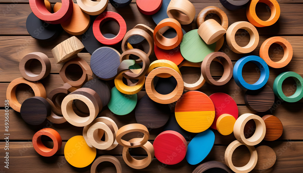 Colorful ring-shaped wood pieces representing diversity and inclusion ...