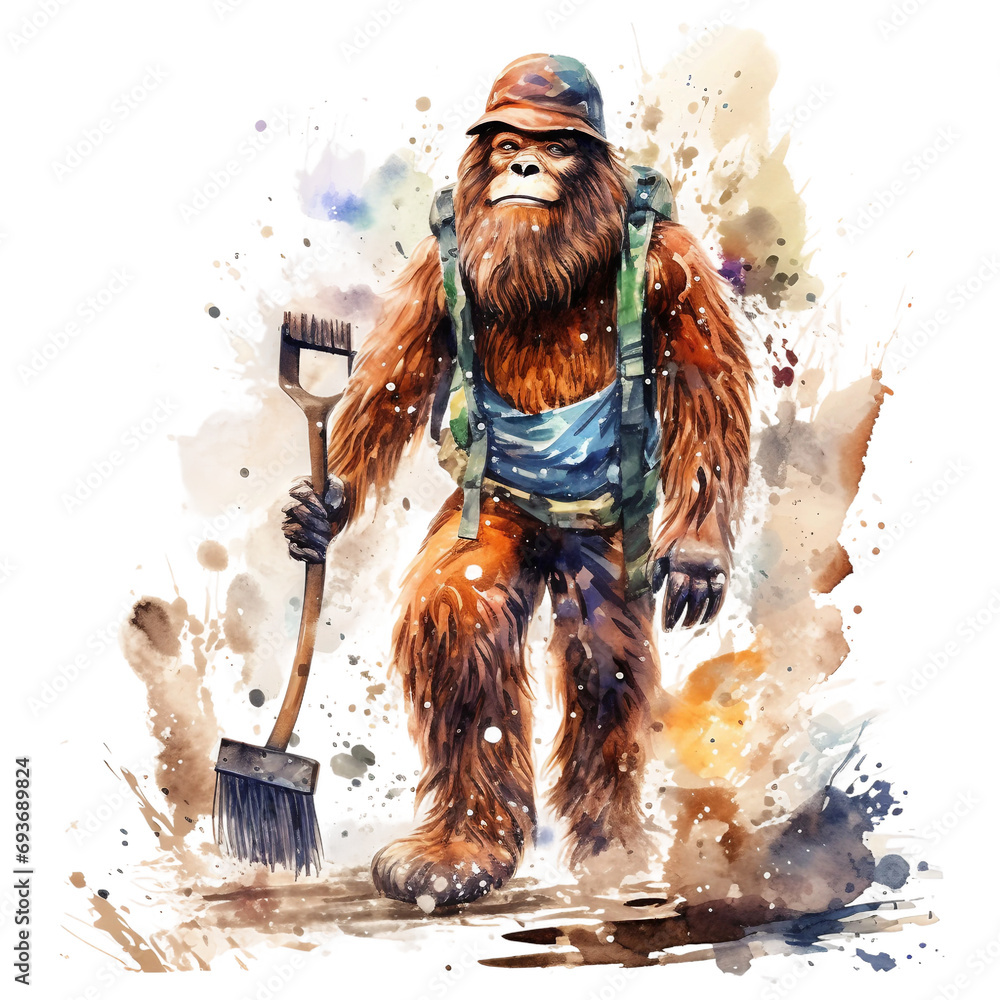 Watercolor Bigfoot, isolated, Sasquatch Wearing a hat and carrying a ...