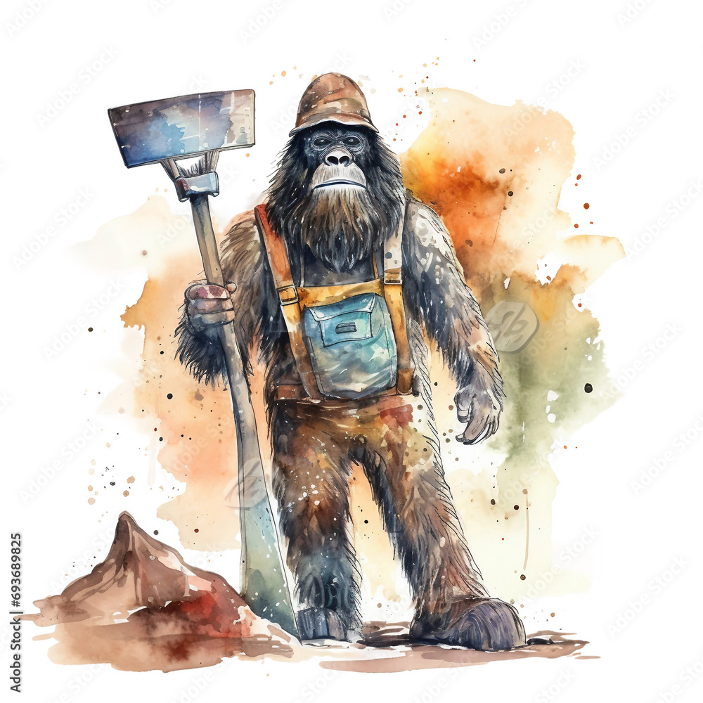 Watercolor Bigfoot, isolated, Sasquatch Wearing a hat and carrying a ...