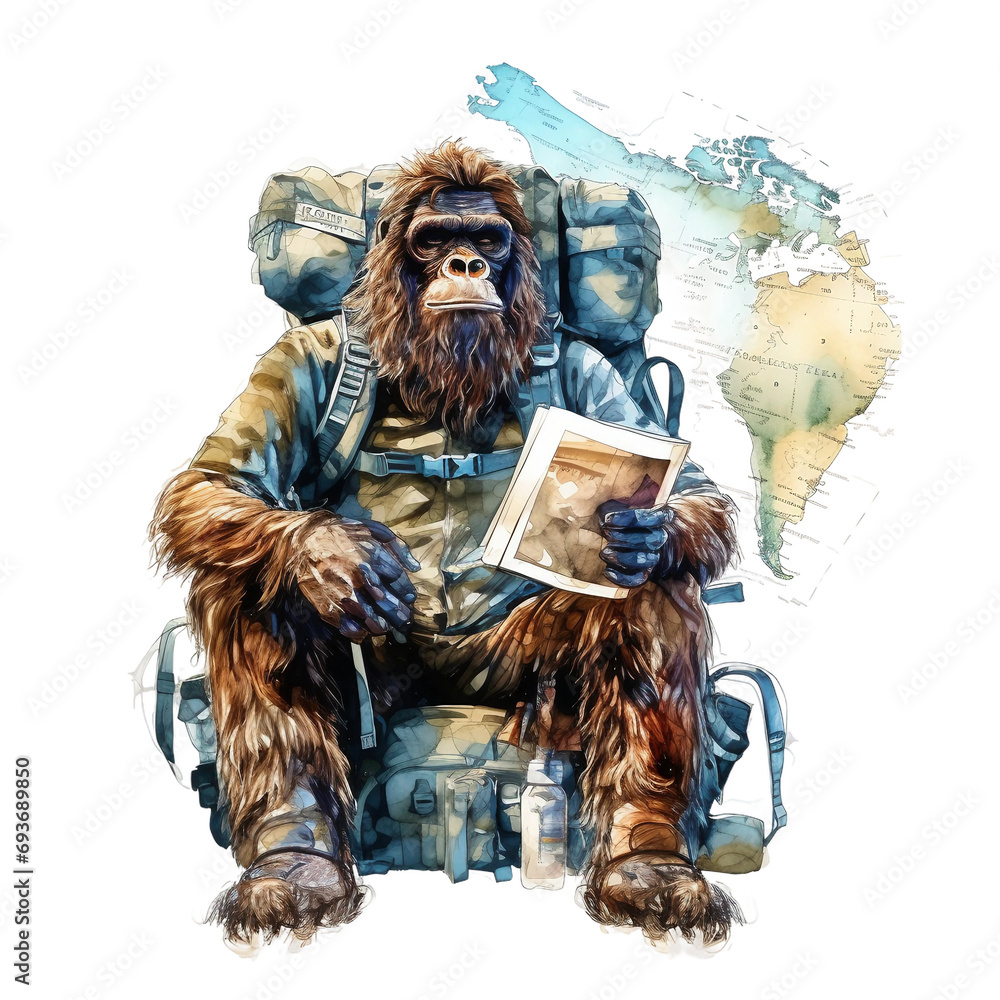 Watercolor Bigfoot, isolated, Image Sasquatch With backpack, binoculars ...
