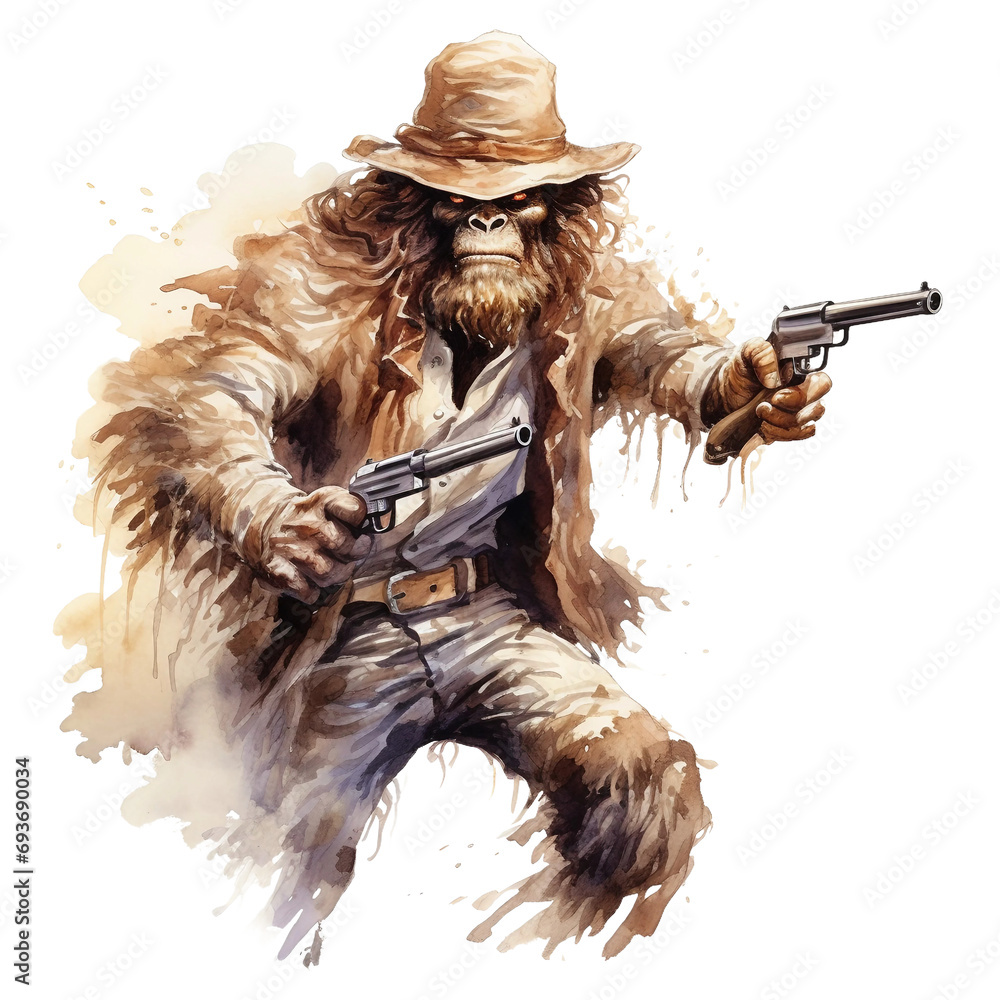 Watercolor Bigfoot, isolated, Sasquatch Sheriff: With Sheriff's star ...