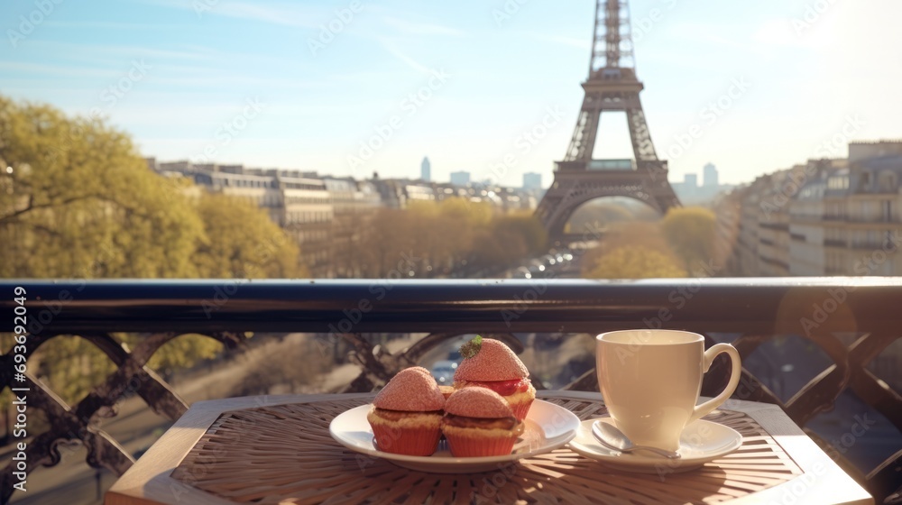 Scenic French breakfast with a breathtaking view of the iconic Eiffel ...