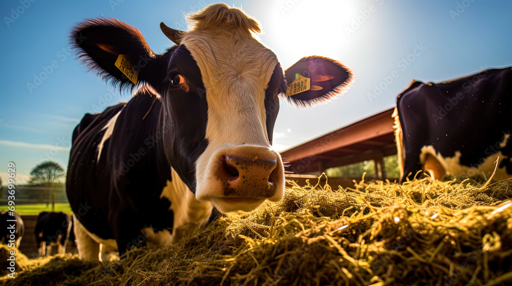 The hay in the cow of the dairy farm becomes a delicious treat for cows ...