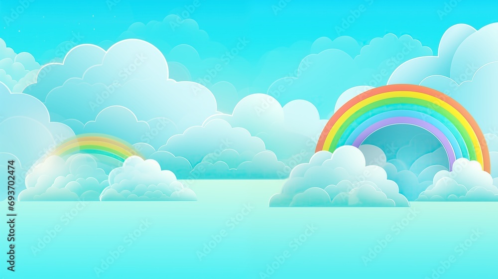 Cartoon cloudscape background with paper clouds and rainbow. Cloudy ...