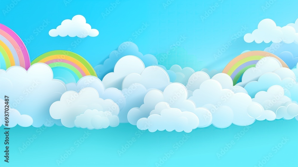 Cartoon cloudscape background with paper clouds and rainbow. Cloudy ...