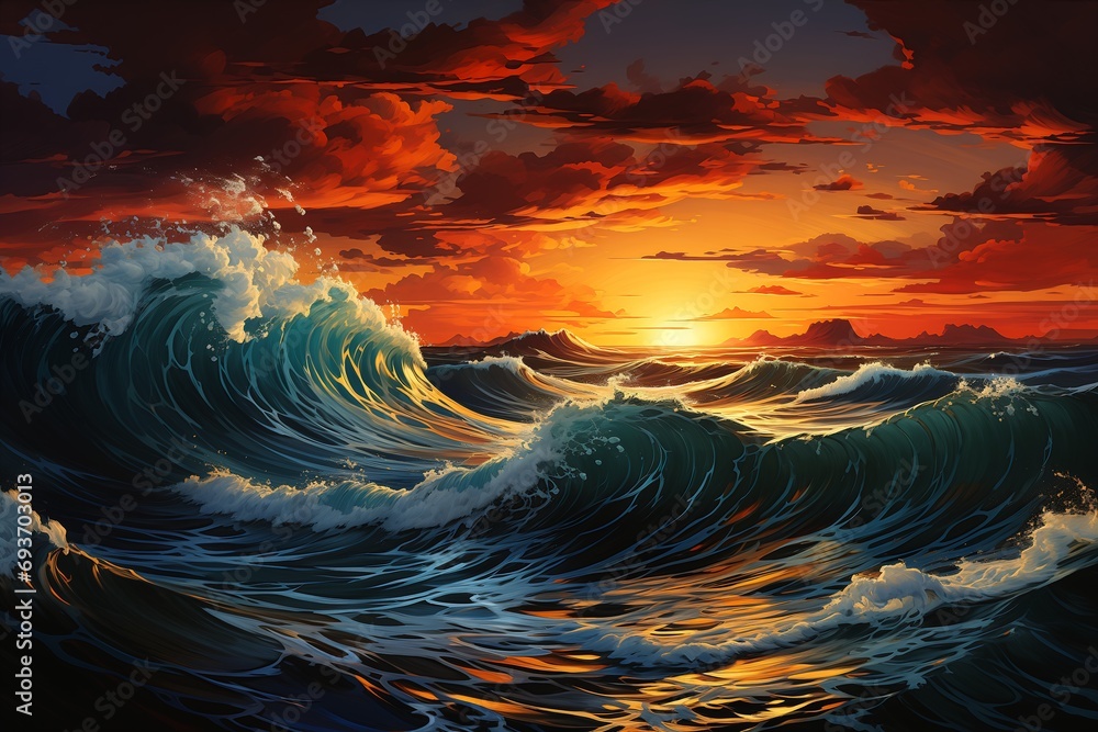 sunset large wave ocean key visual bright background bar flowing ...