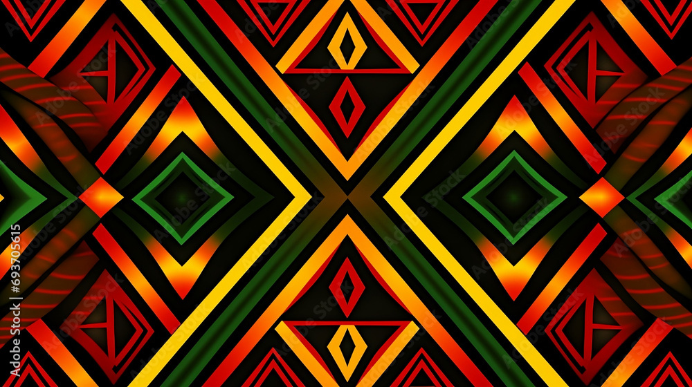 a pattern with small triangles in red, green, yellow and black, in the ...
