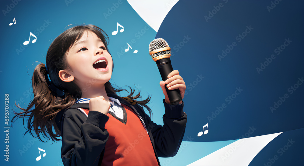 Singing school for children. Poster for advertising. Little girl with microphone in hand sings ...