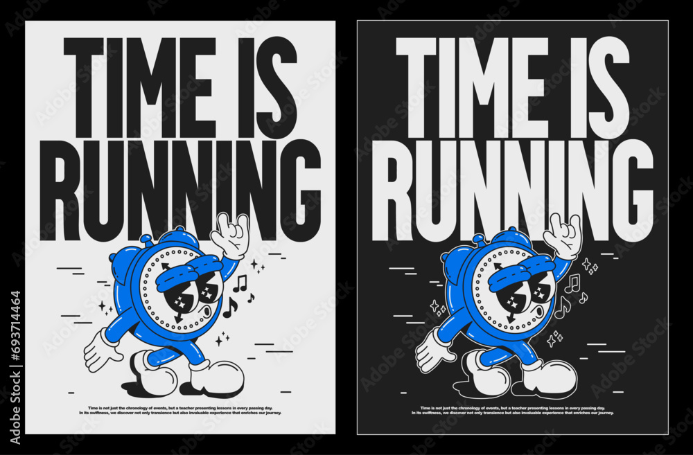 Cartoon typography groovy poster 70s . Cute retro walking clock ...