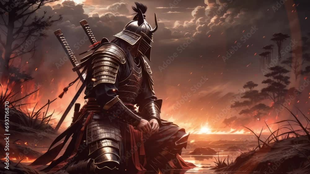 Samurai warrior full plate armor. Kneel on battlefield ground ...