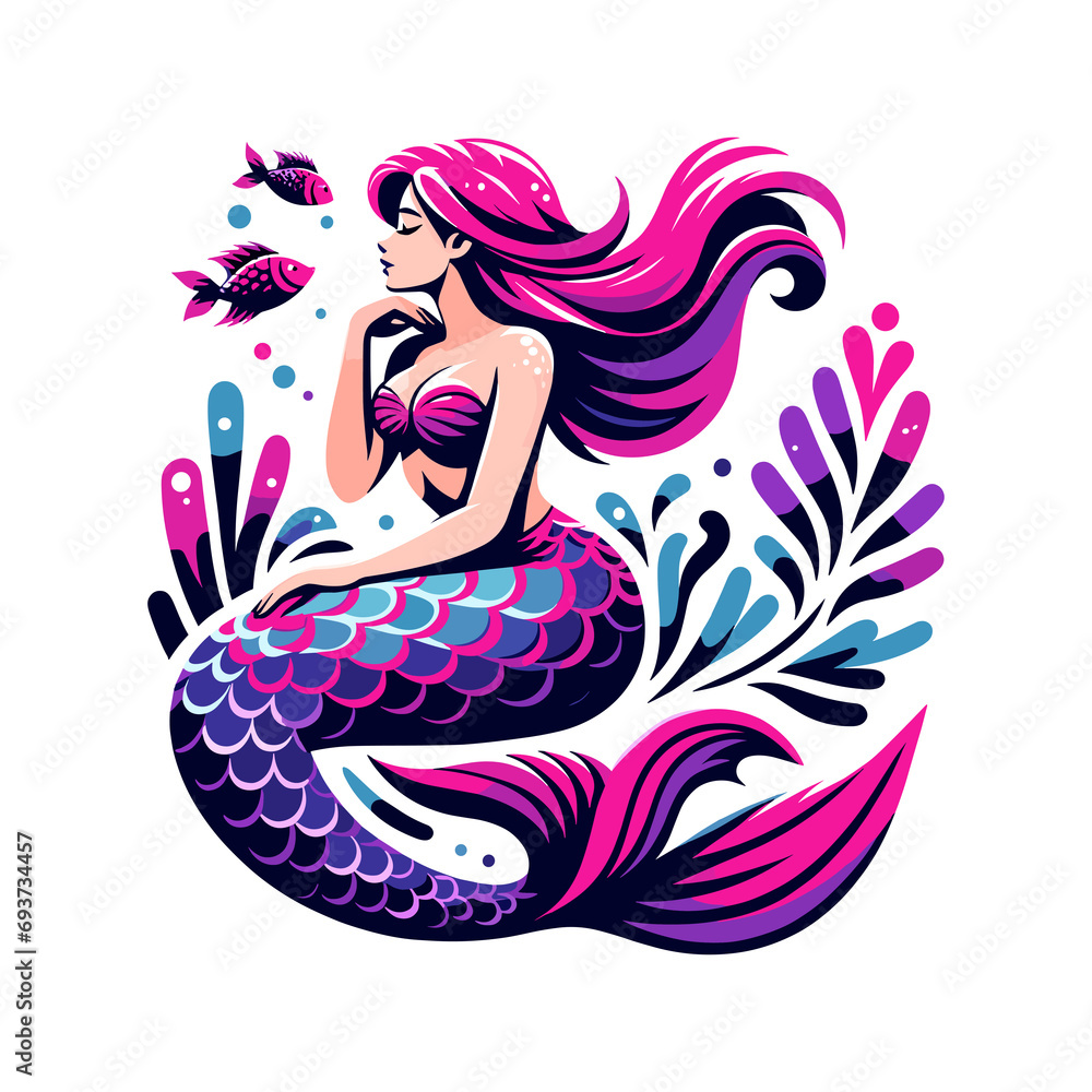 illustration of the mermaid with pink hair, featured in a playful pose ...