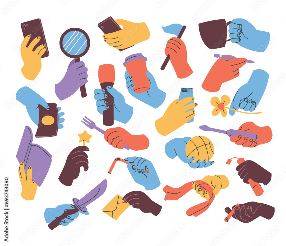 Cartoon Colorful Hands holding different objects in human hand set ...
