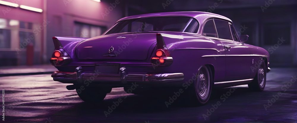 purple colour classic car facing the camera, minimalist, deadpan, banal ...
