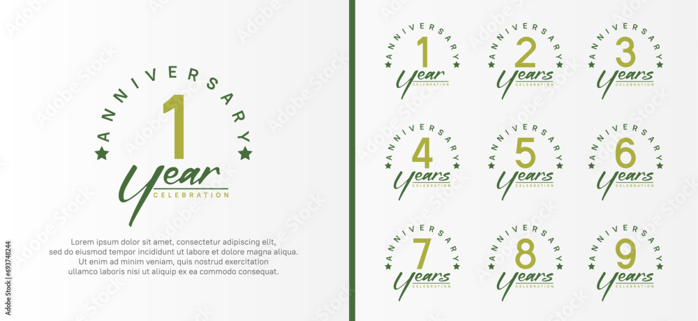 set of anniversary logo flat green color number and dark green text on ...