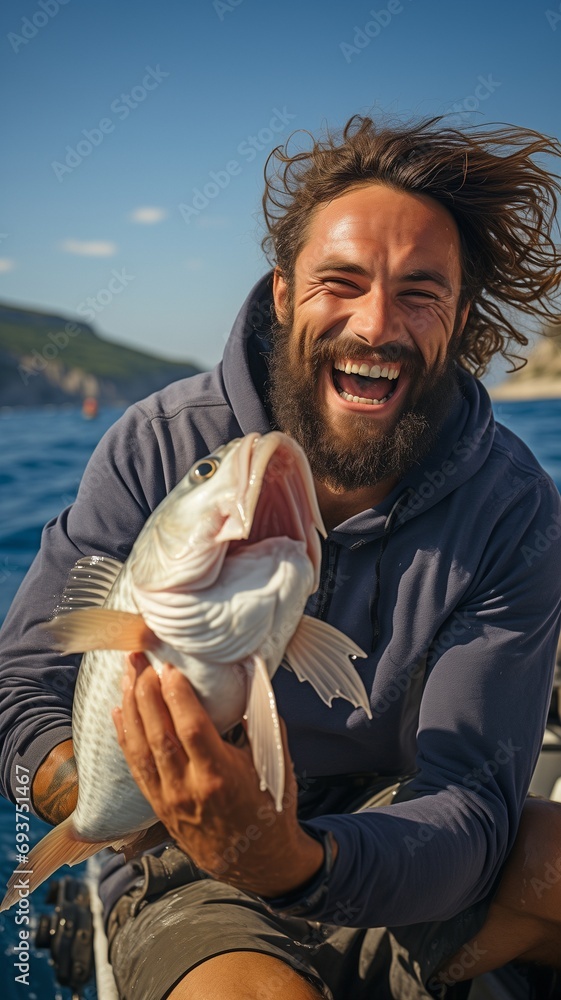 Sport fishing at sea's depths from a yacht. A joyful male fisherman ...