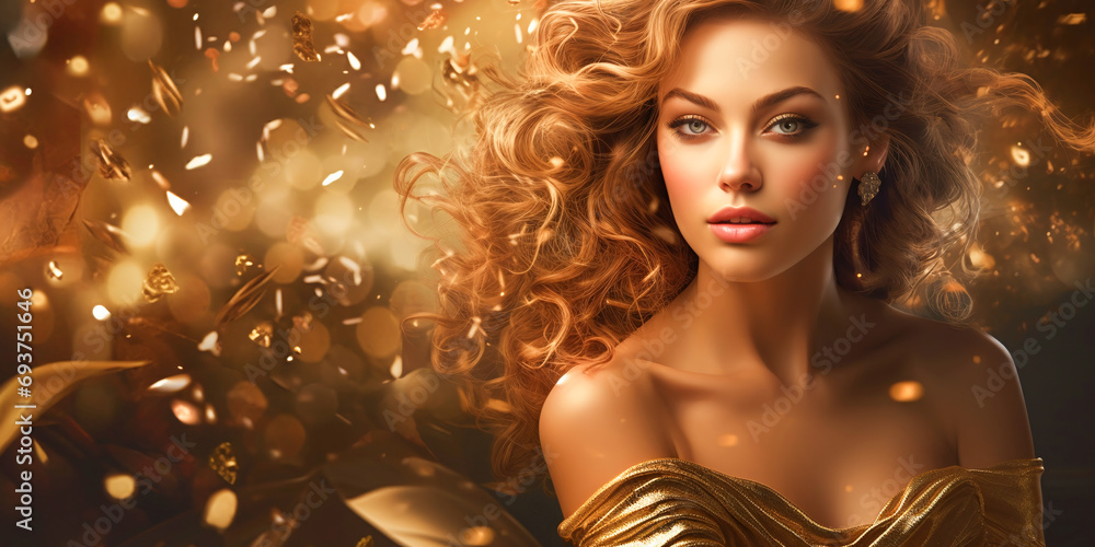 Banner Glamorous woman with golden dress and curls, sparkling ...
