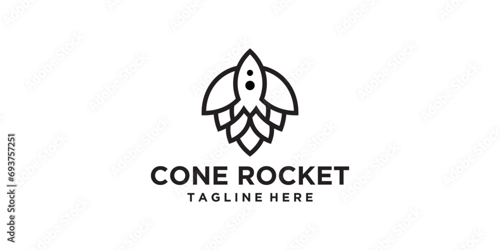 cone logo with flying rocket ship silhouette icon. combination of cone ...