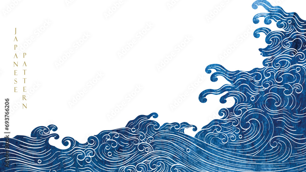 Blue brush stroke texture with Japanese ocean wave pattern in vintage ...