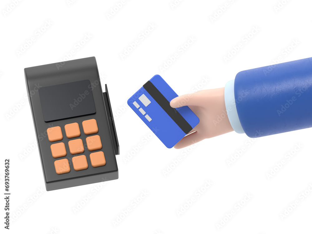 Cartoon hand holding credit card and payment terminal. POS terminal ...