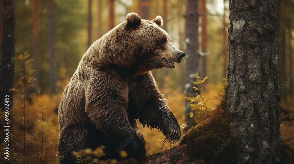 Foto de Imponente oso pardo de pie en un bosque otoñal con tonos ...