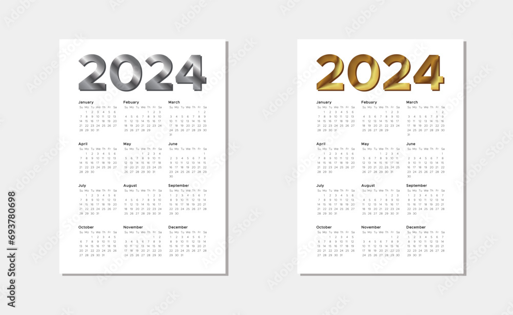 Set of two calendars for the year 2024 with silver, gold metallic ...