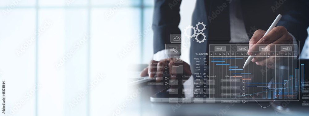 Project management. Project manager working and update tasks with ...