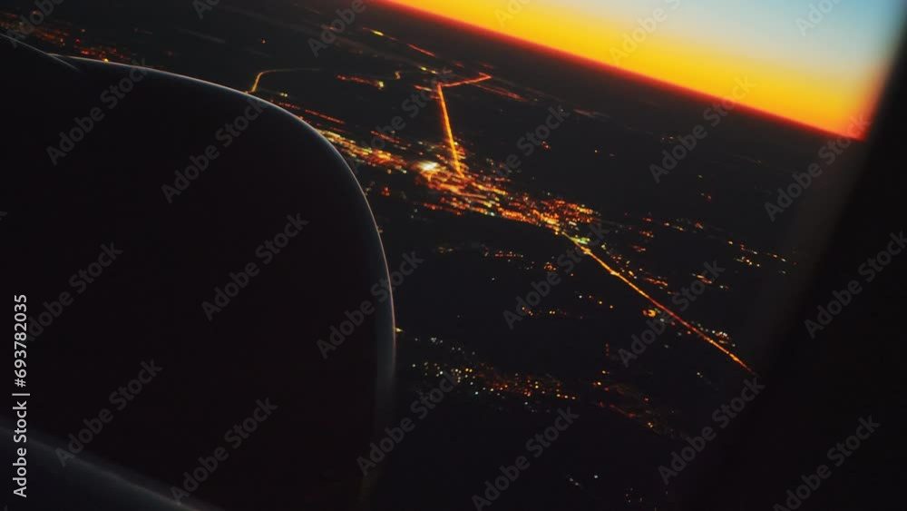 Airplane take off over night sky city lights, view from window sit ...