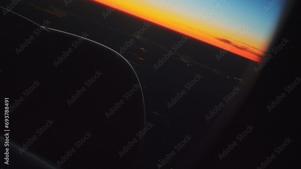 Airplane take off over night sky city lights, view from window sit ...