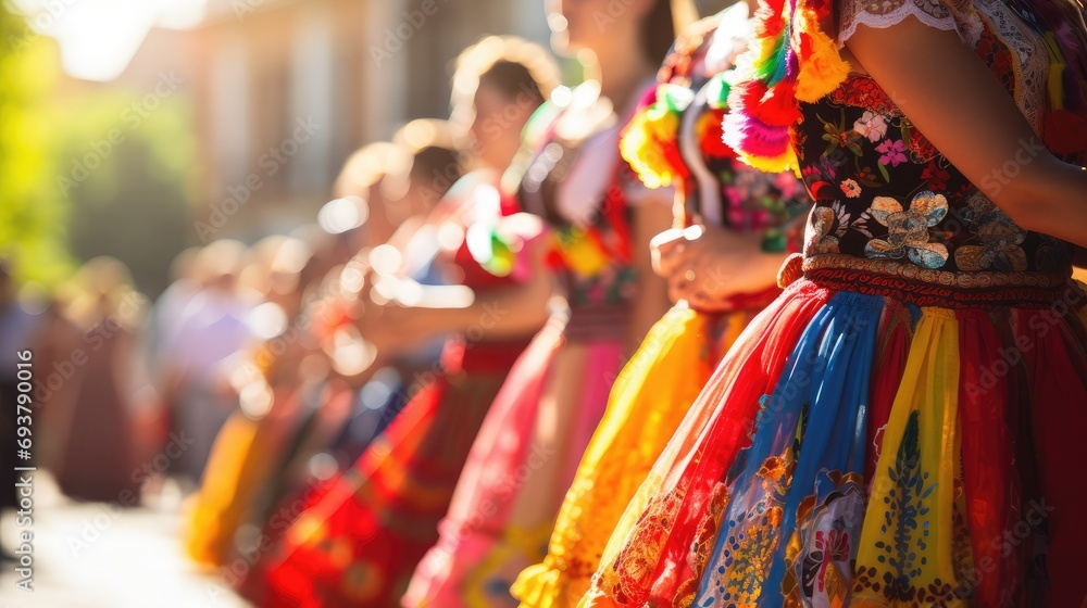 Colorful cultural celebration, traditional costumes, dances, music ...