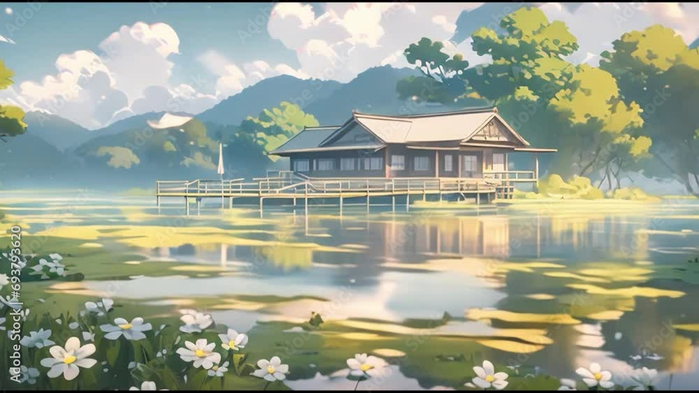 Traditional house on a beautiful lake with calm waters. Animation with ...