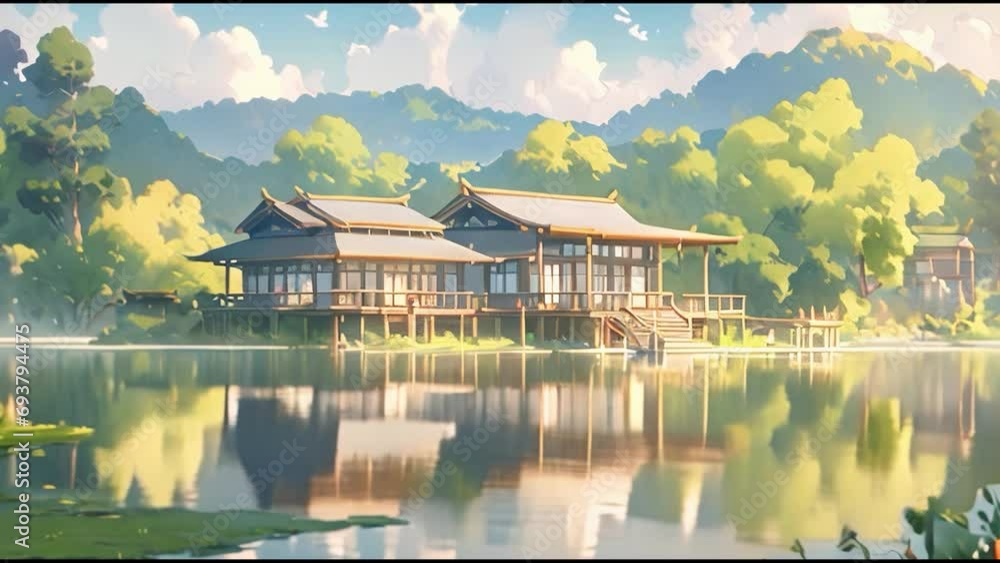 Traditional house on a beautiful lake with calm waters. Animation with ...