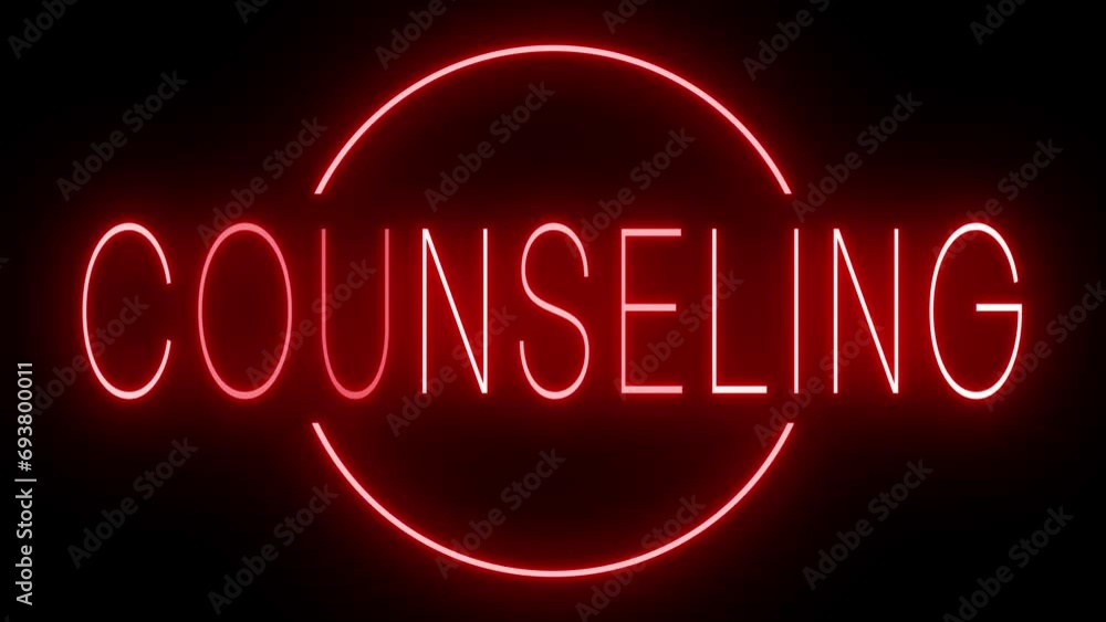 Flickering red retro style neon sign glowing against a black background ...