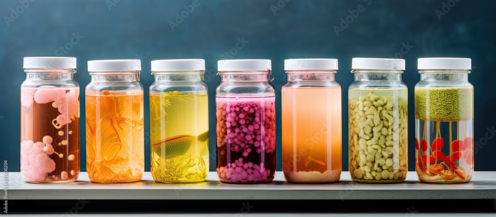 Probiotics, digestive system, stomach, jars, microbes, gut. Stock Photo ...