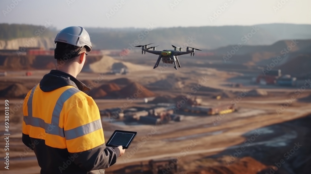 Team specialists operator inspecting open pit mine sand quarry. Stock ...