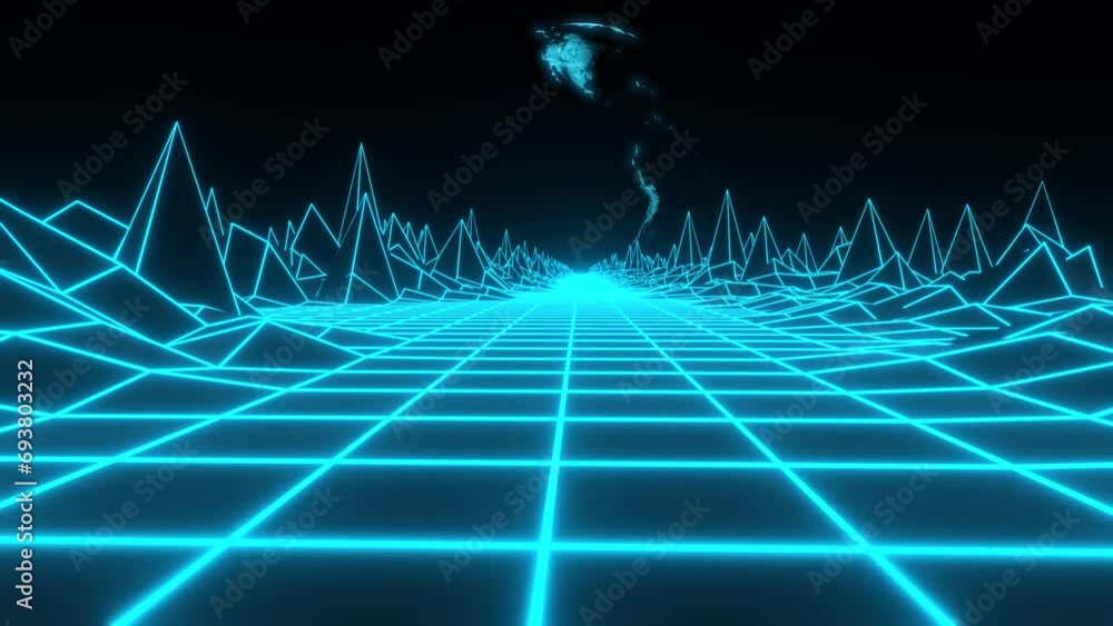80's scene, synthwave and retrowave music disco background. earth neon ...