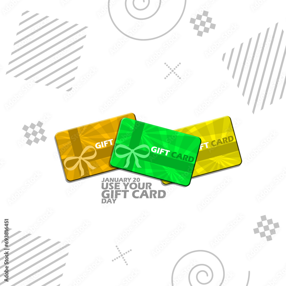National Use Your Gift Card Day event banner. Three gift cards with ...