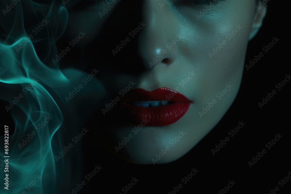 Woman smoking cigarette on neon red background. Lips blowing smoke ...
