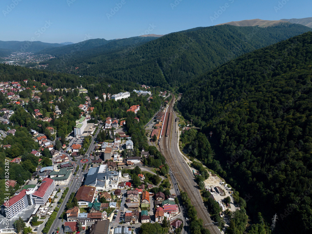 Aerial view of the town of Sinaia in Romania, a popular mountain resort ...