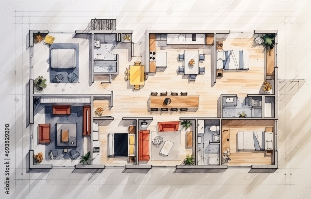 3D Top view landscape design plan with house, a private house with ...