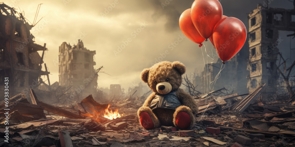 Kids teddy bear toy with balloons over city burned destruction of an ...