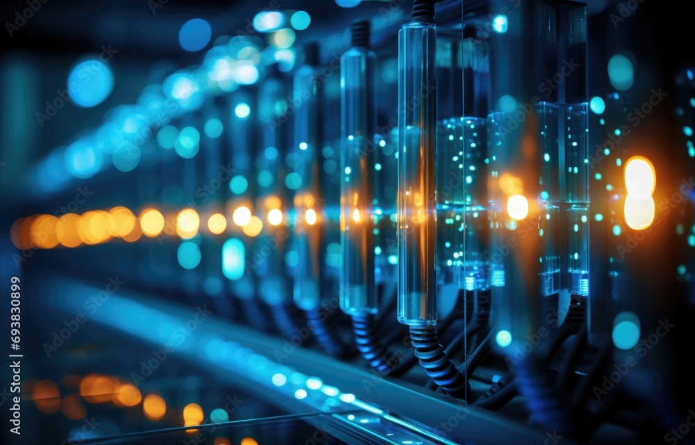 Server racks in computer network security server room data center. dark ...